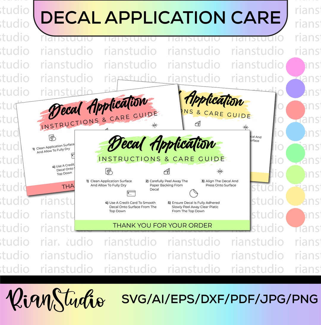 Printable Vinyl Decal Care Card Instructions Decal Application Order ...
