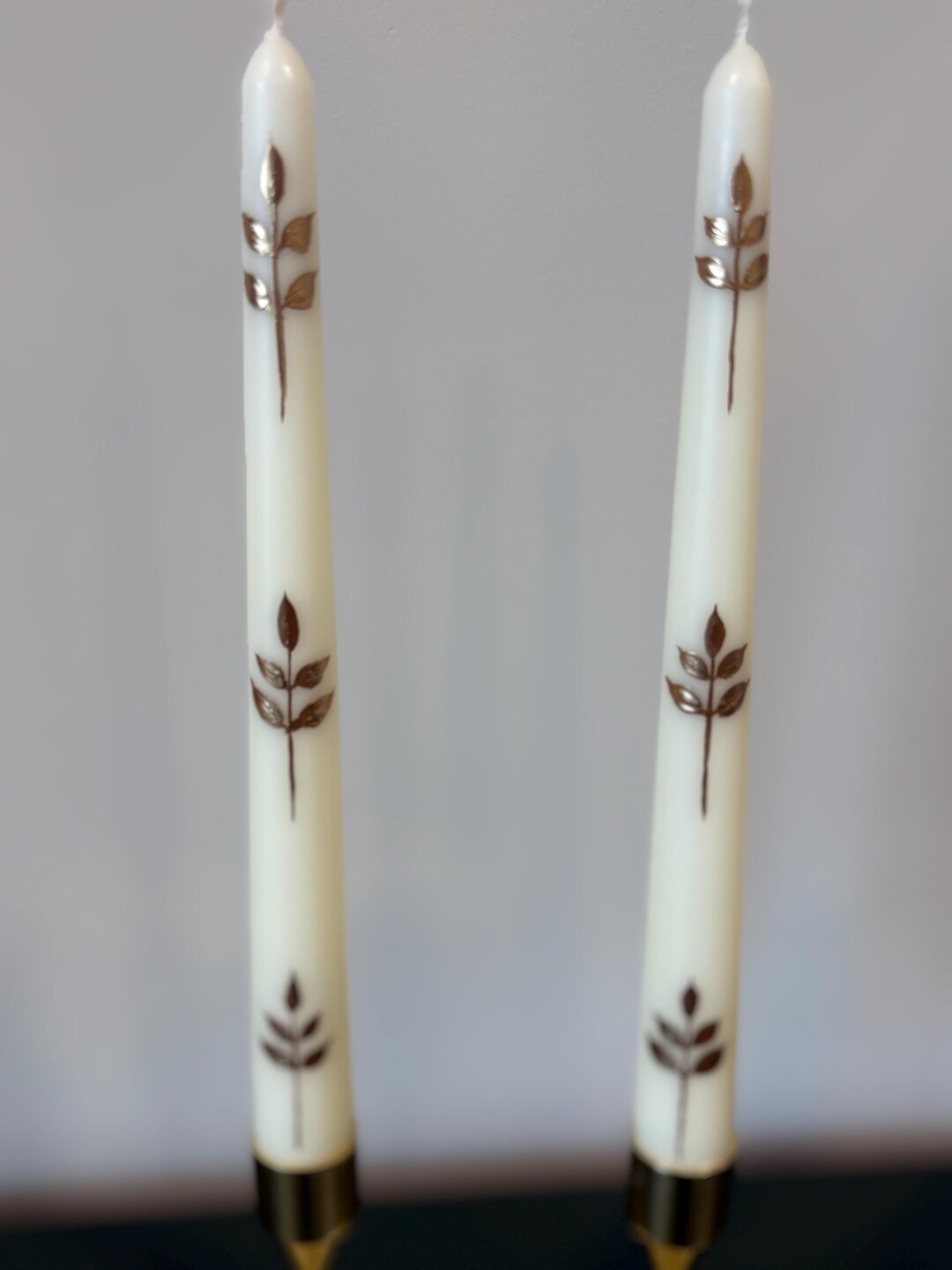 Set of 2 Cream Taper Candles With Gold Leaf Handpainted 10