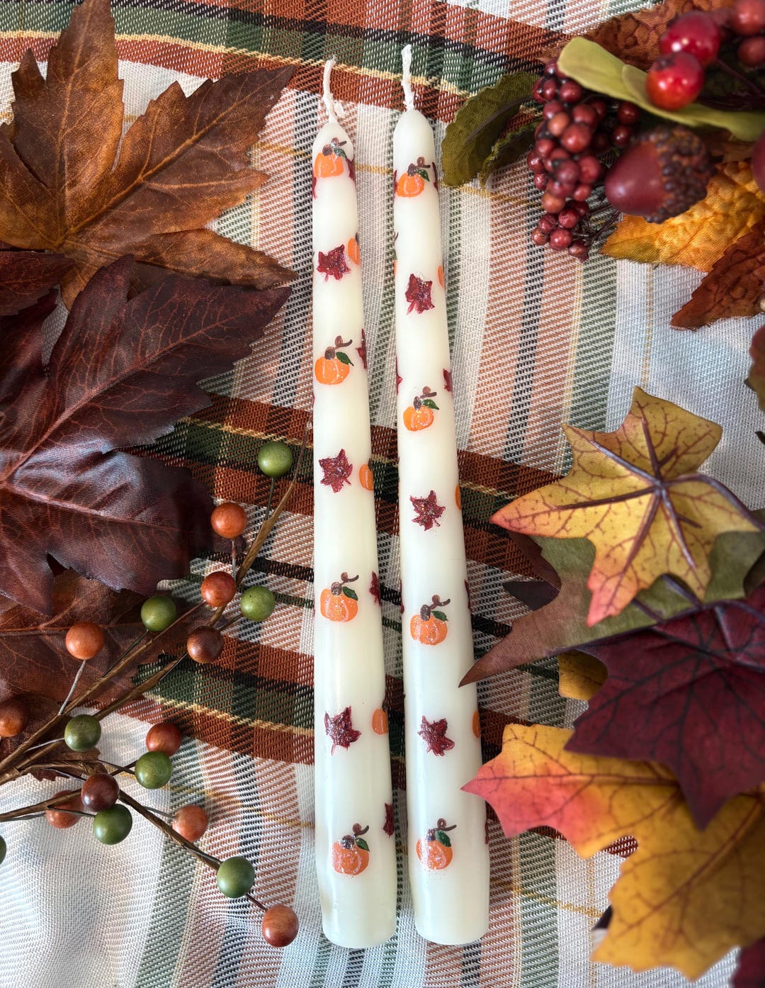 Handpainted Fall Taper Candles: Pumpkin & Leaves Decor (set of 2) - Etsy