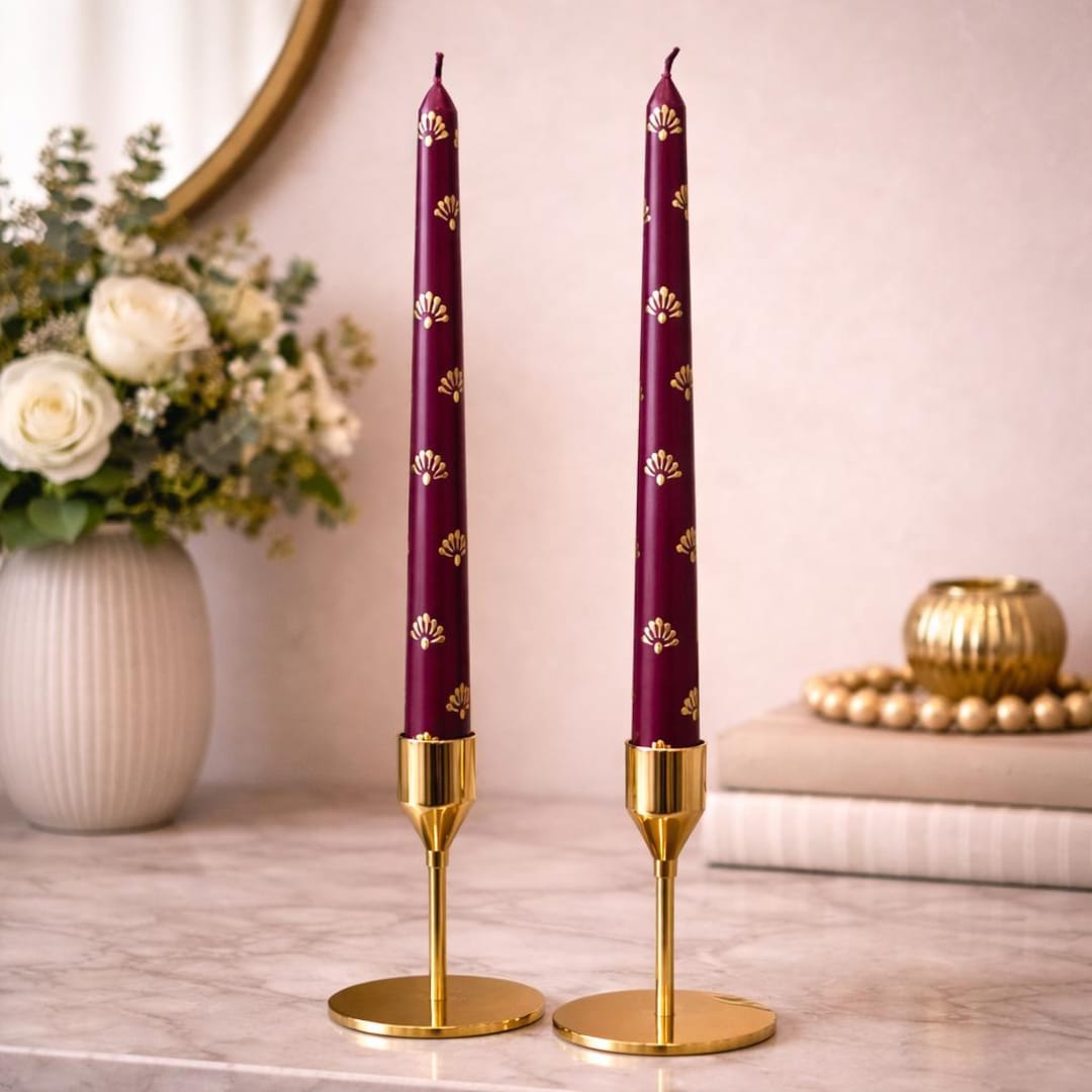 Set of 2 Burgundy W/ Gold Neo Deco Design Taper Candles 10” Handpainted ...