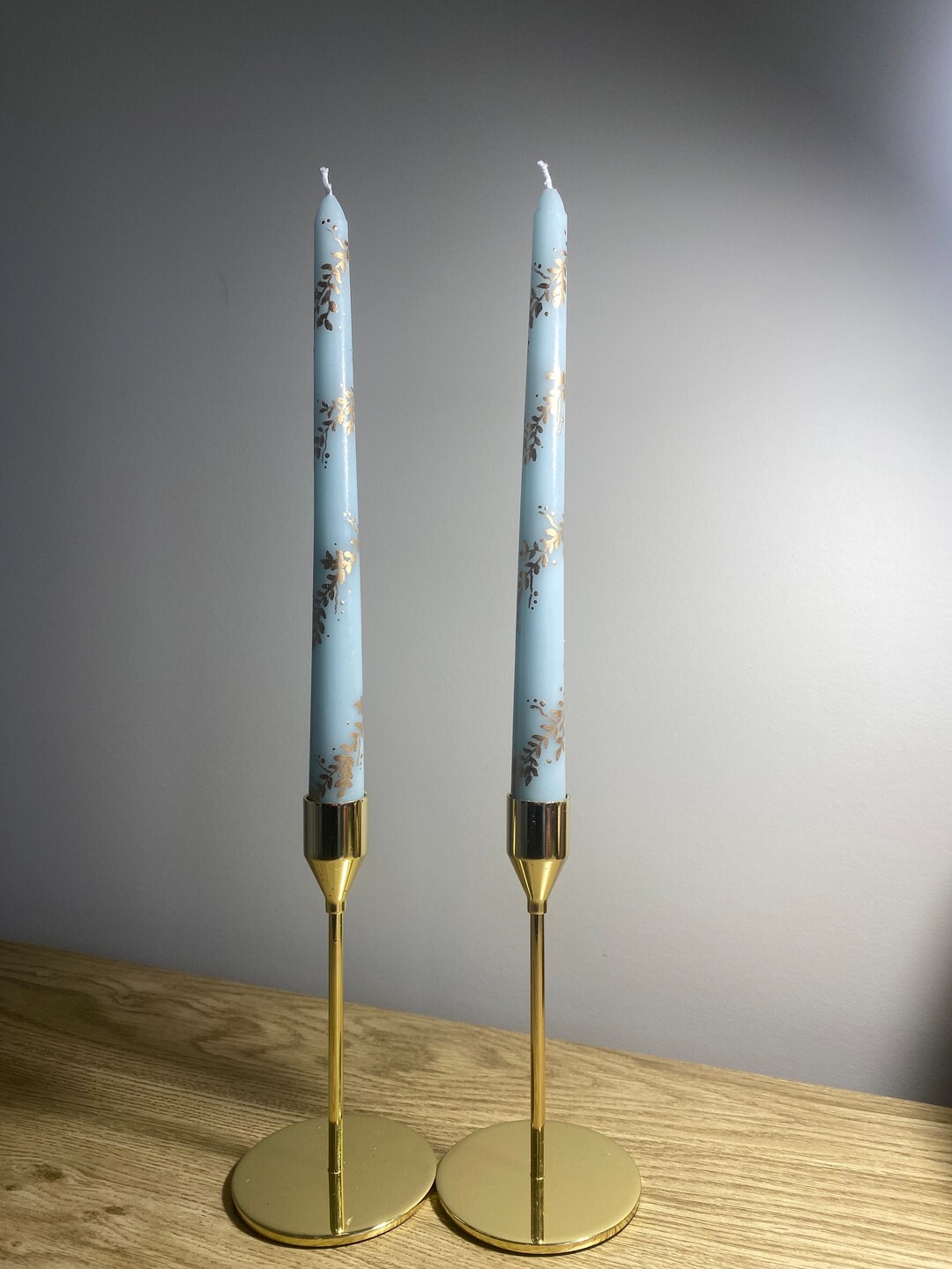 2 Light Blue Taper Candles W/ Handpainted Gold Vine 10” Wedding Candle ...