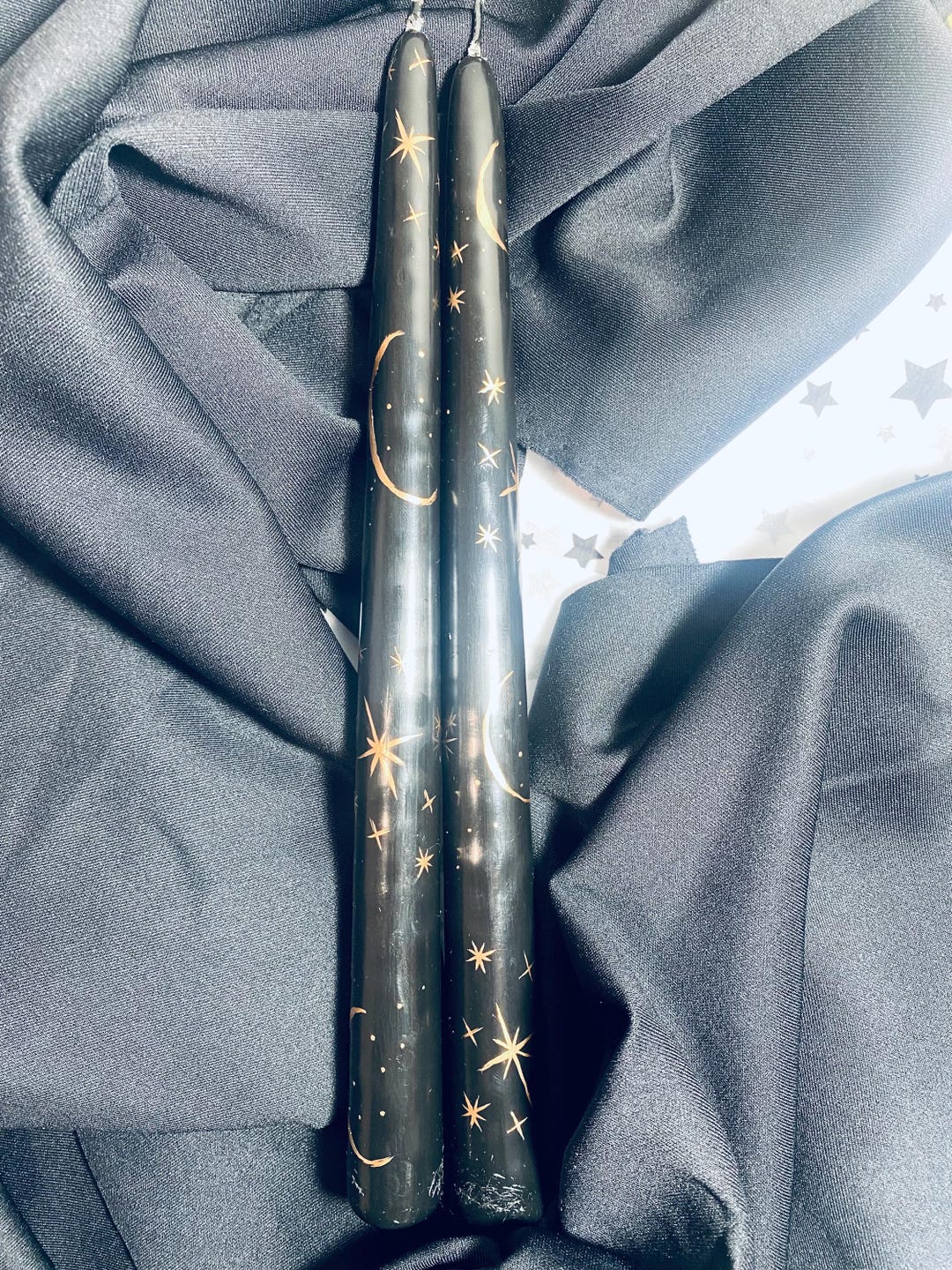 Set of Moon and Star Taper Candles 10” Handpainted Black W/ Gold Cresent Moon and Stars ...