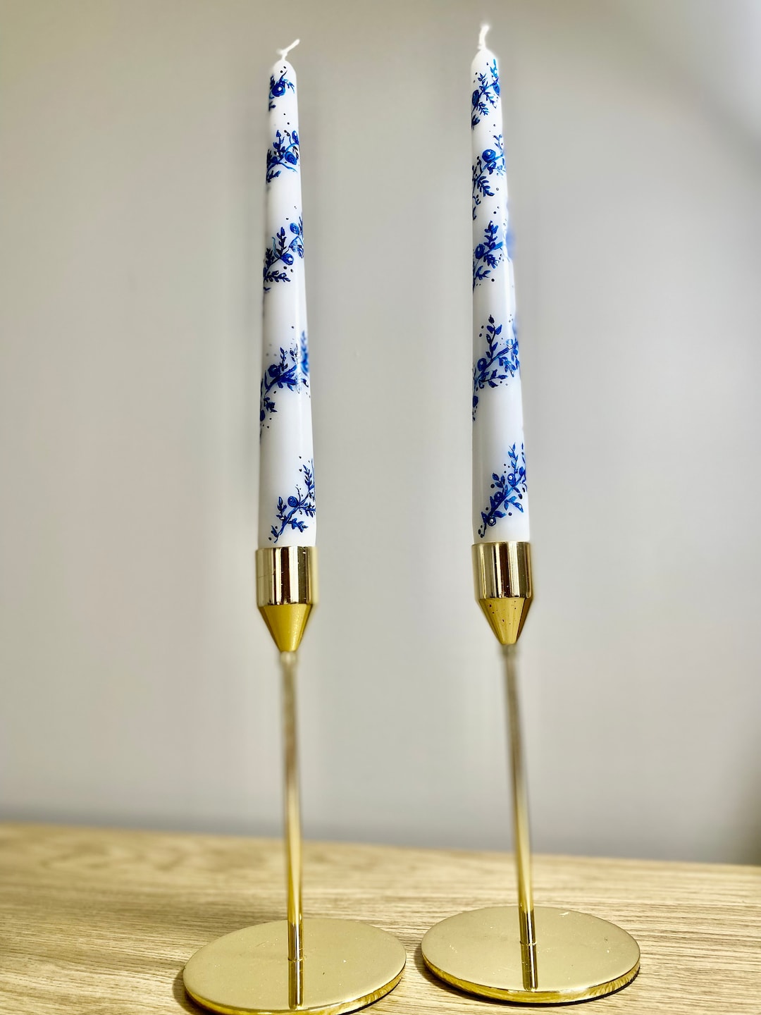 2 Blue and White Floral Taper Candles 10 Handpainted Unscented Vintage ...