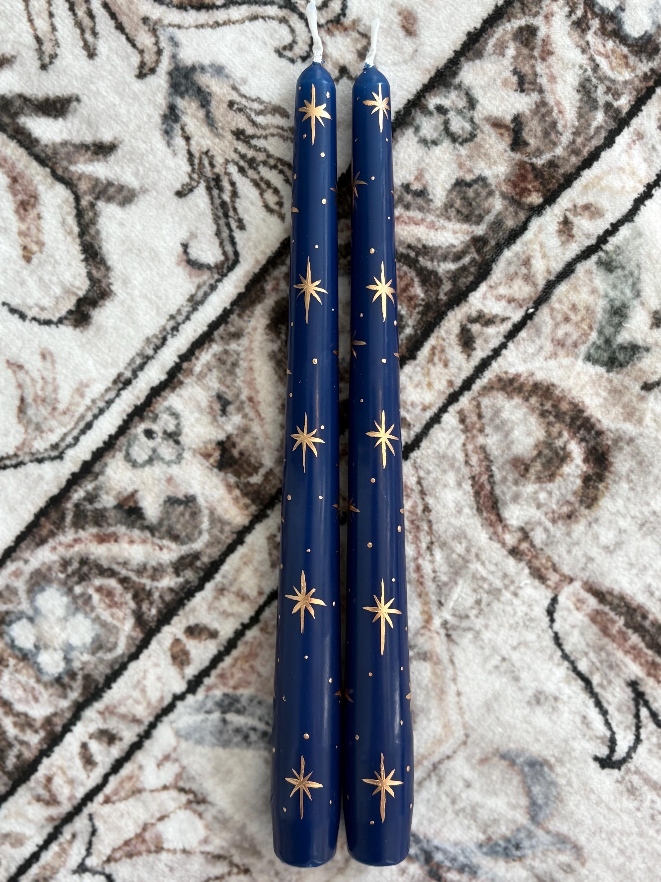 Set of 2 Handpainted Blue Taper Candles With Gold Stars 10” Modern ...