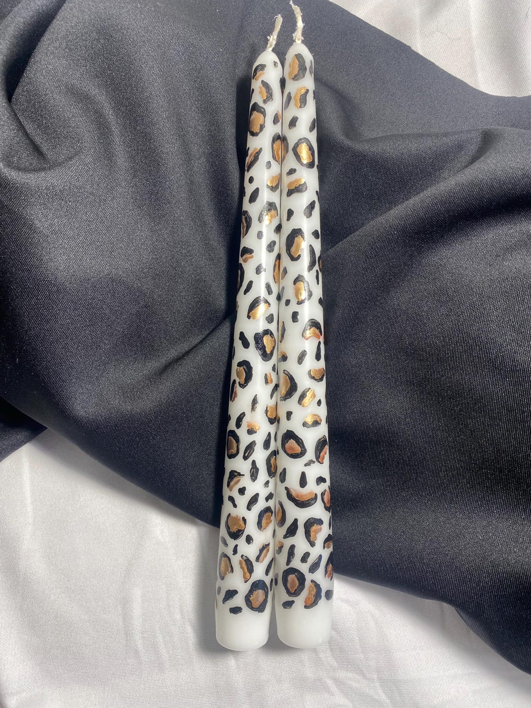 Set of 2 Gold Leopard Print Taper Candles Handpainted 10” Unique Safari ...