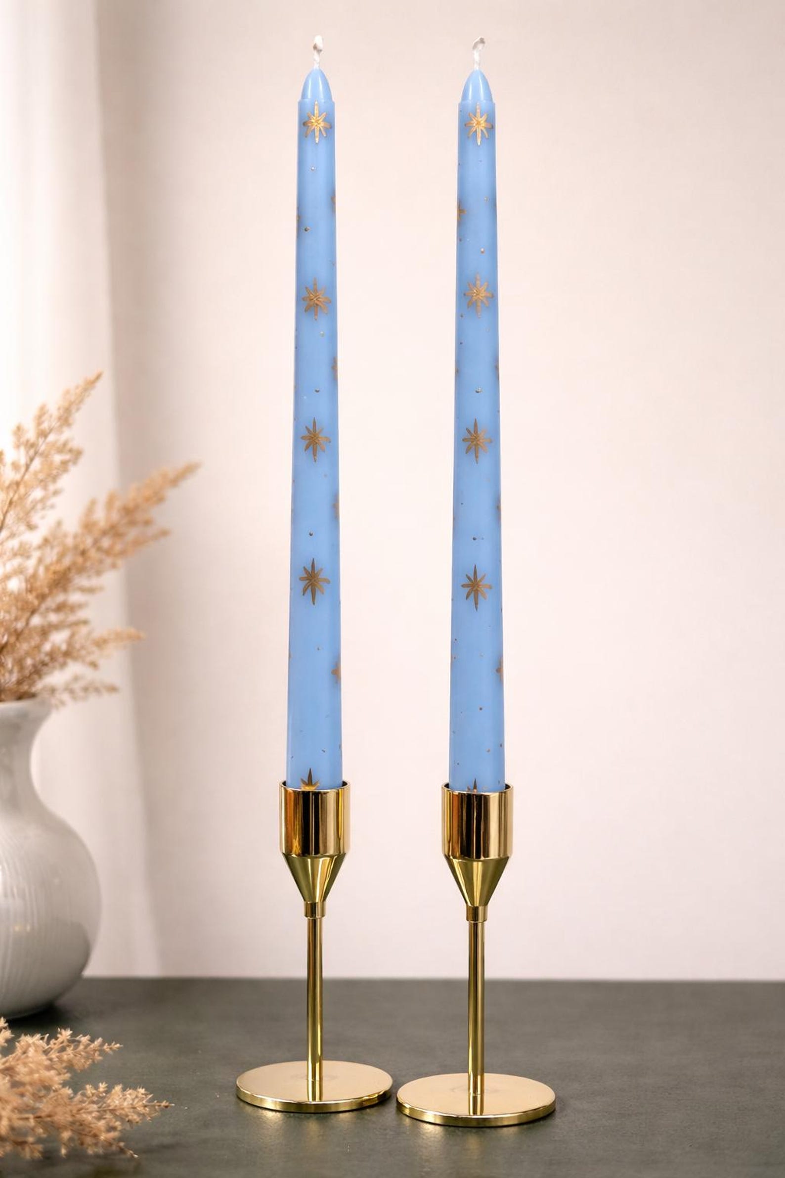 Pair of Bright Light Blue Taper Candles W/gold Stars Handpainted 10 ...