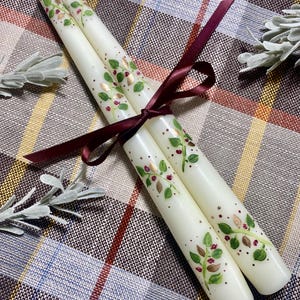 2 Handpainted Fall Taper Candles Handmade Leaves and Berries Unique ...