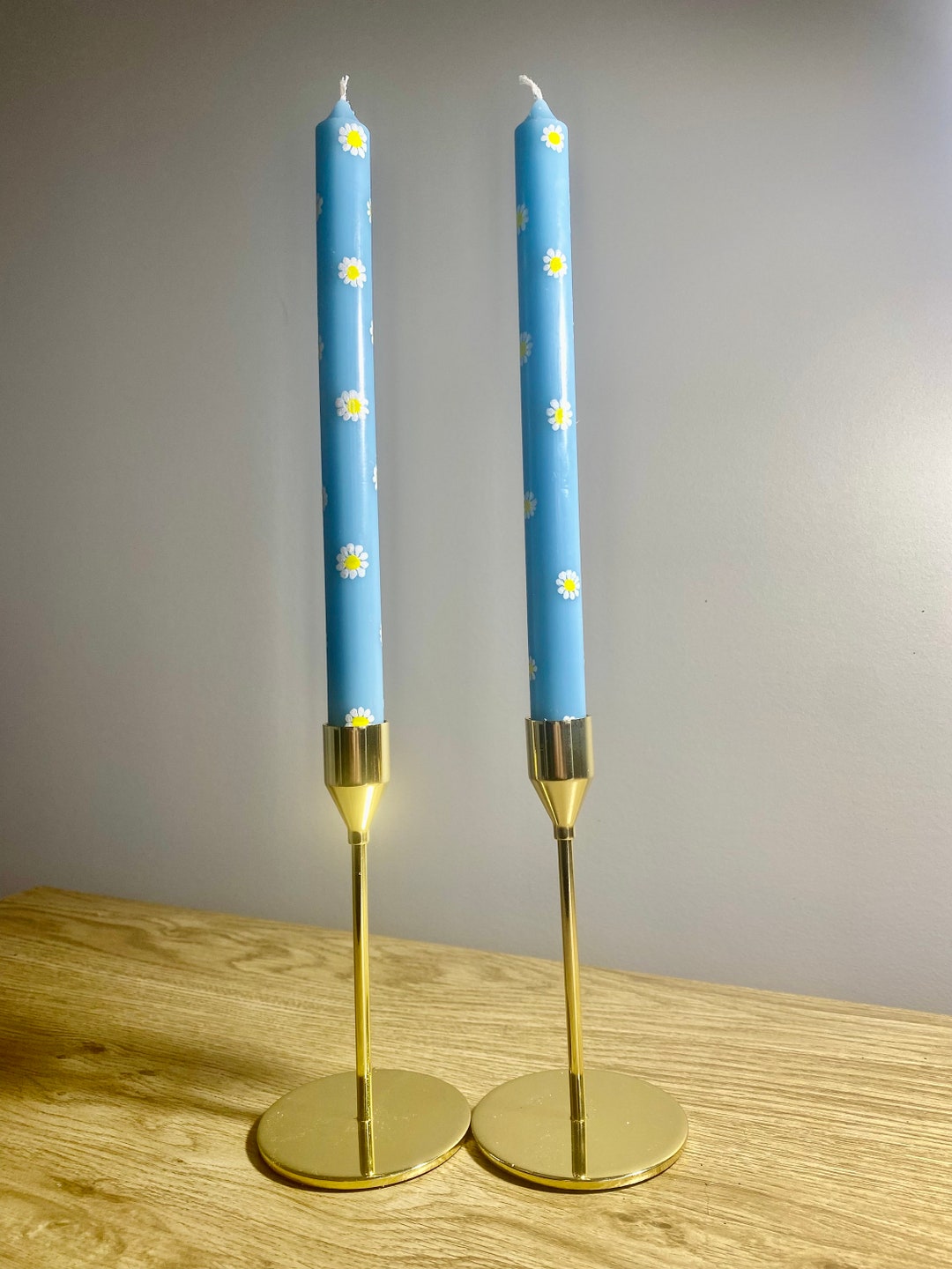 2 Daisy Taper Candles 10” Handpainted Flowers on Blue Candles Spring ...