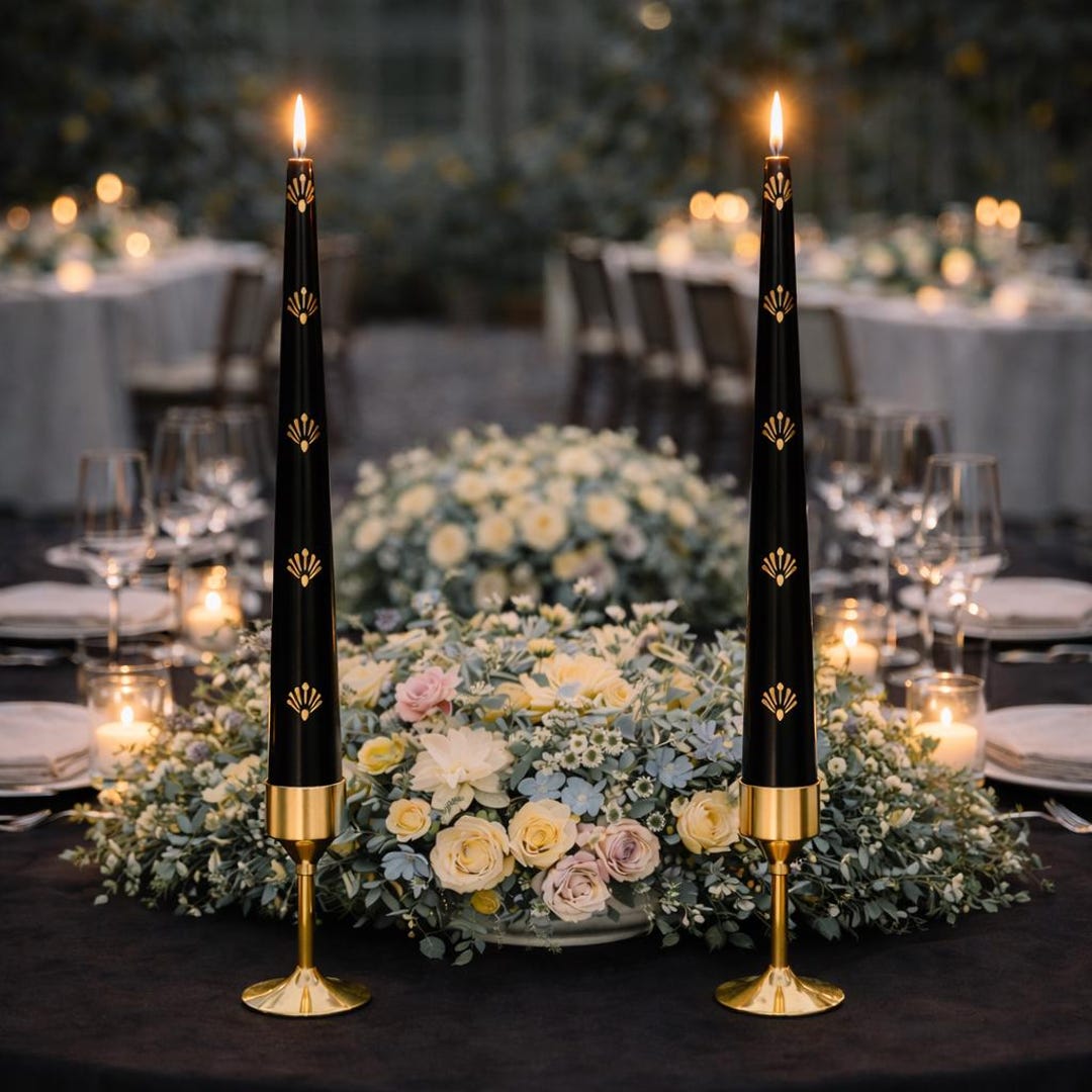 Set of 2 Black W/ Gold Neo Deco Design Taper Candles 10” Handpainted ...