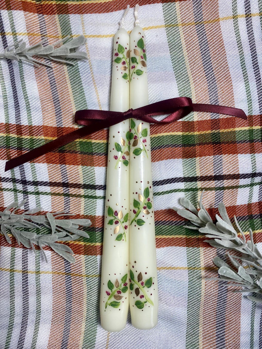 2 Handpainted Fall Taper Candles Handmade Leaves and Berries Unique ...