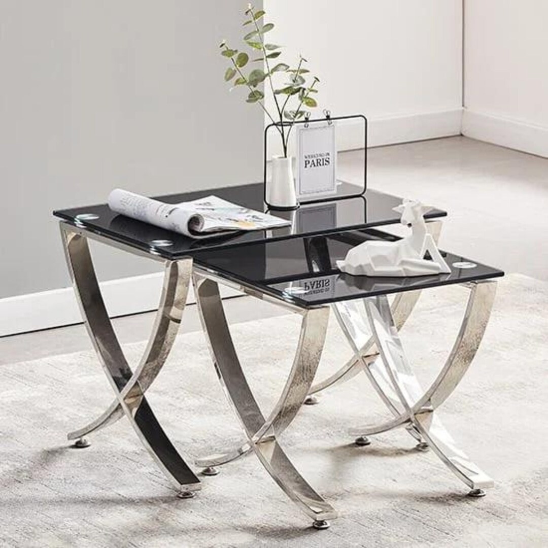 Two Glass Nesting Tables Minimalist Design Black Tempered Glass Surface ...