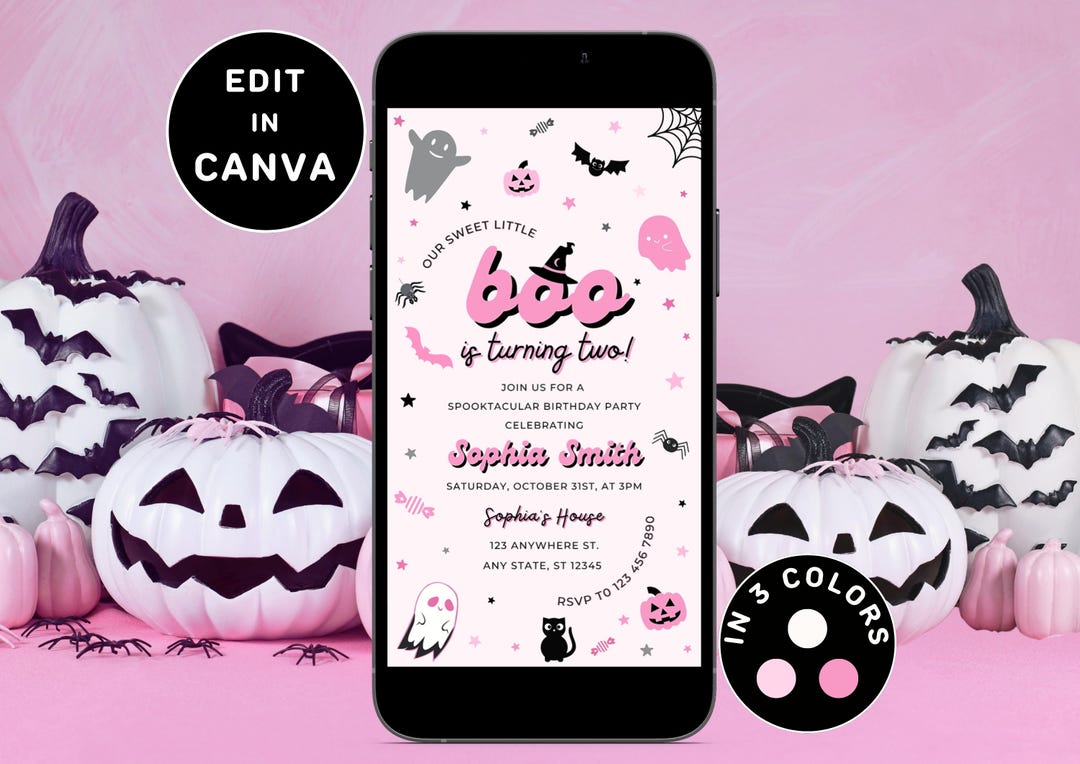 Editable Halloween Pink Ghost Birthday Invite Hey Boo Ghost Party ...
