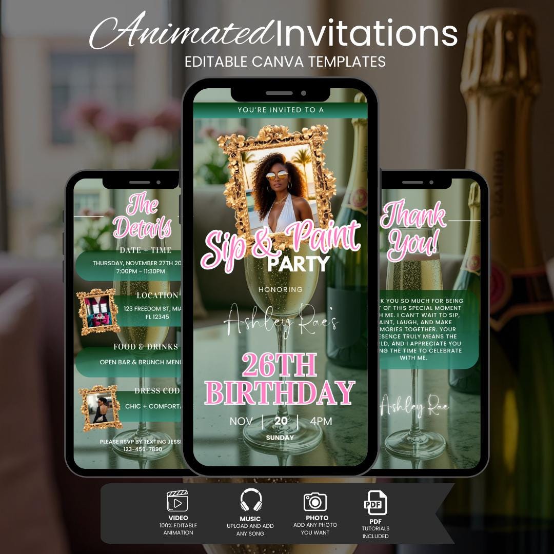 Animated Sip & Paint Birthday Party Invite | Editable Canva Template ...