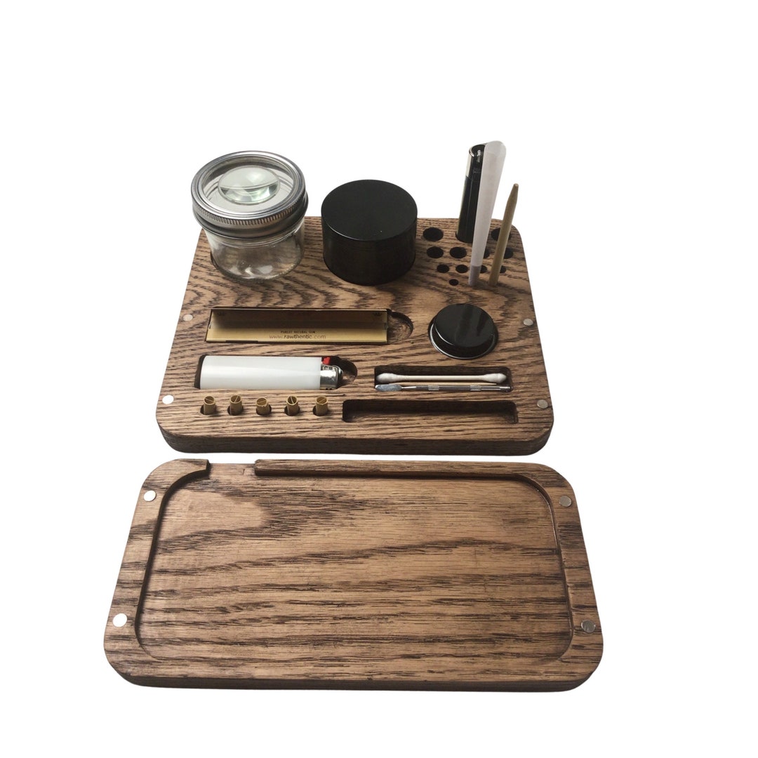 Espresso Wooden Rolling Tray Set With Lid and Stash Jar – Magnetic ...