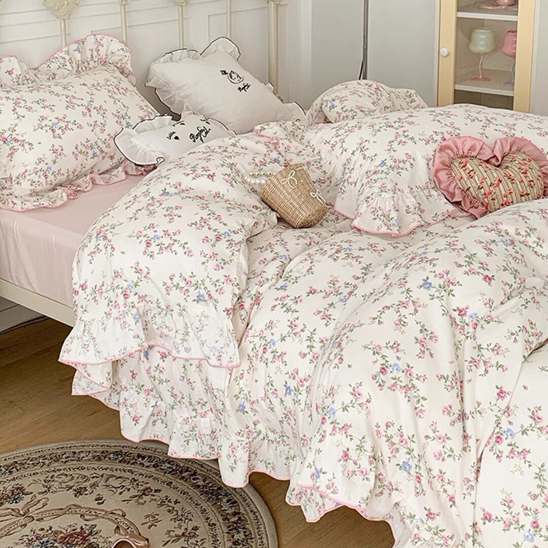French Floral Ruffled Duvet Cover Set, Cotton Bedding Sets, Aesthetic ...