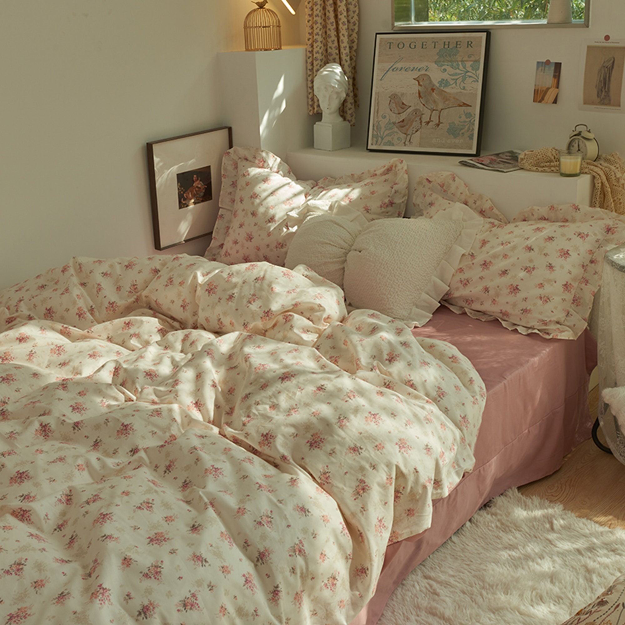 Pink Floral Ruffled Duvet Cover Set Cotton Bedding Sets Aesthetic