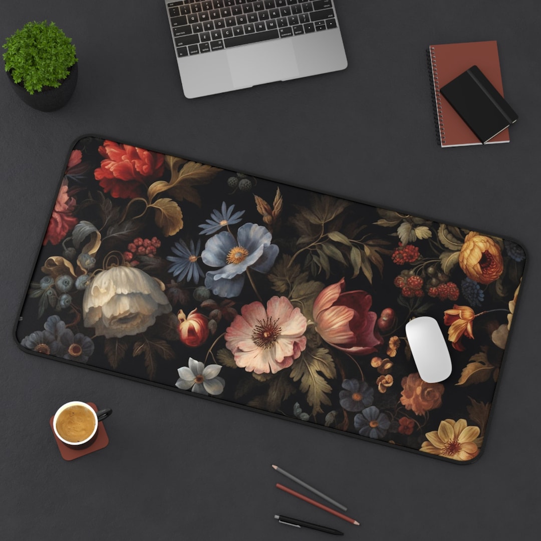 Dark Cottagecore Desk Mat, Floral Desk Pad, Botanical Mousepad, Vintage ...