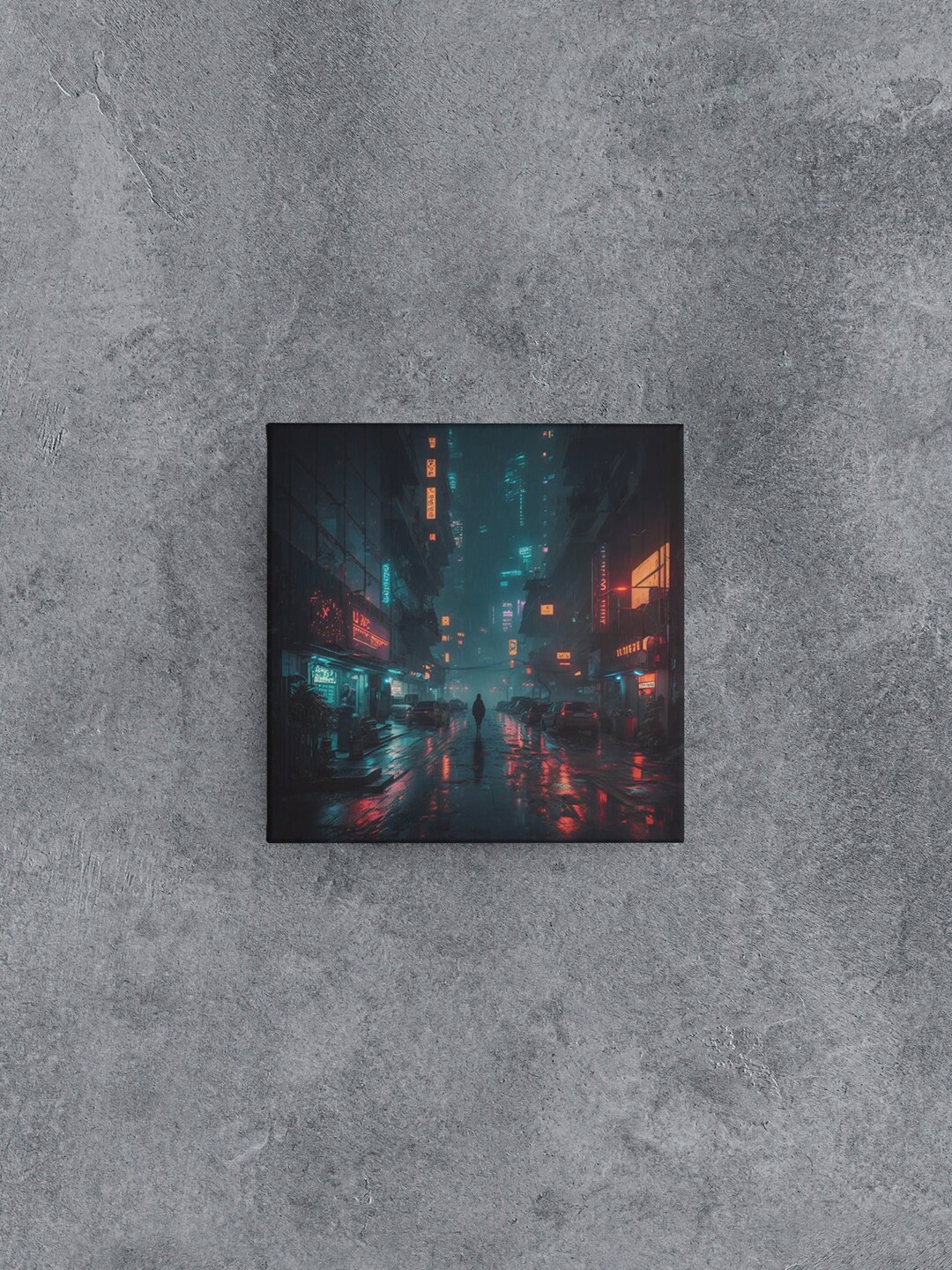 Cyberpunk City Street at Night Canvas Wall Art, Lone Person on ...