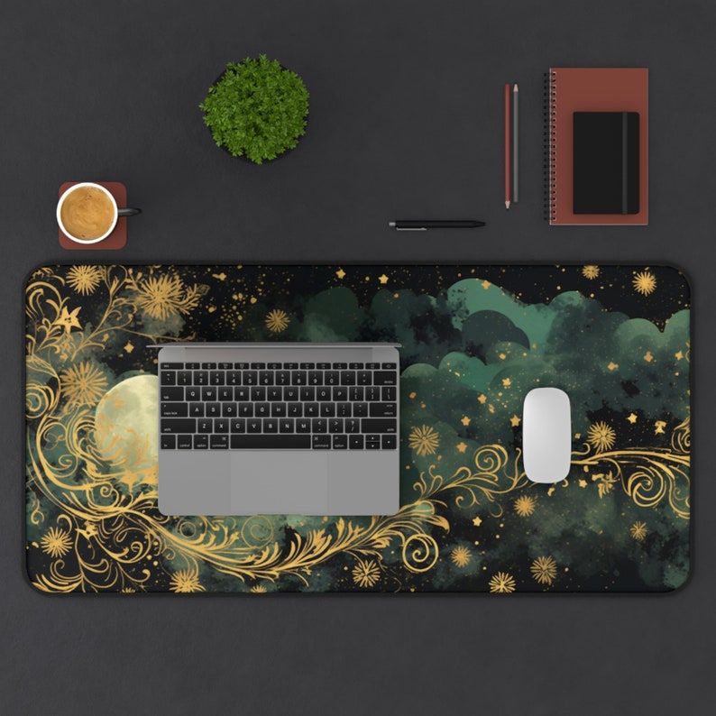 Celestial Clouds Desk Mat, Starry Night Desk Pad, Gold Moon and Teal ...