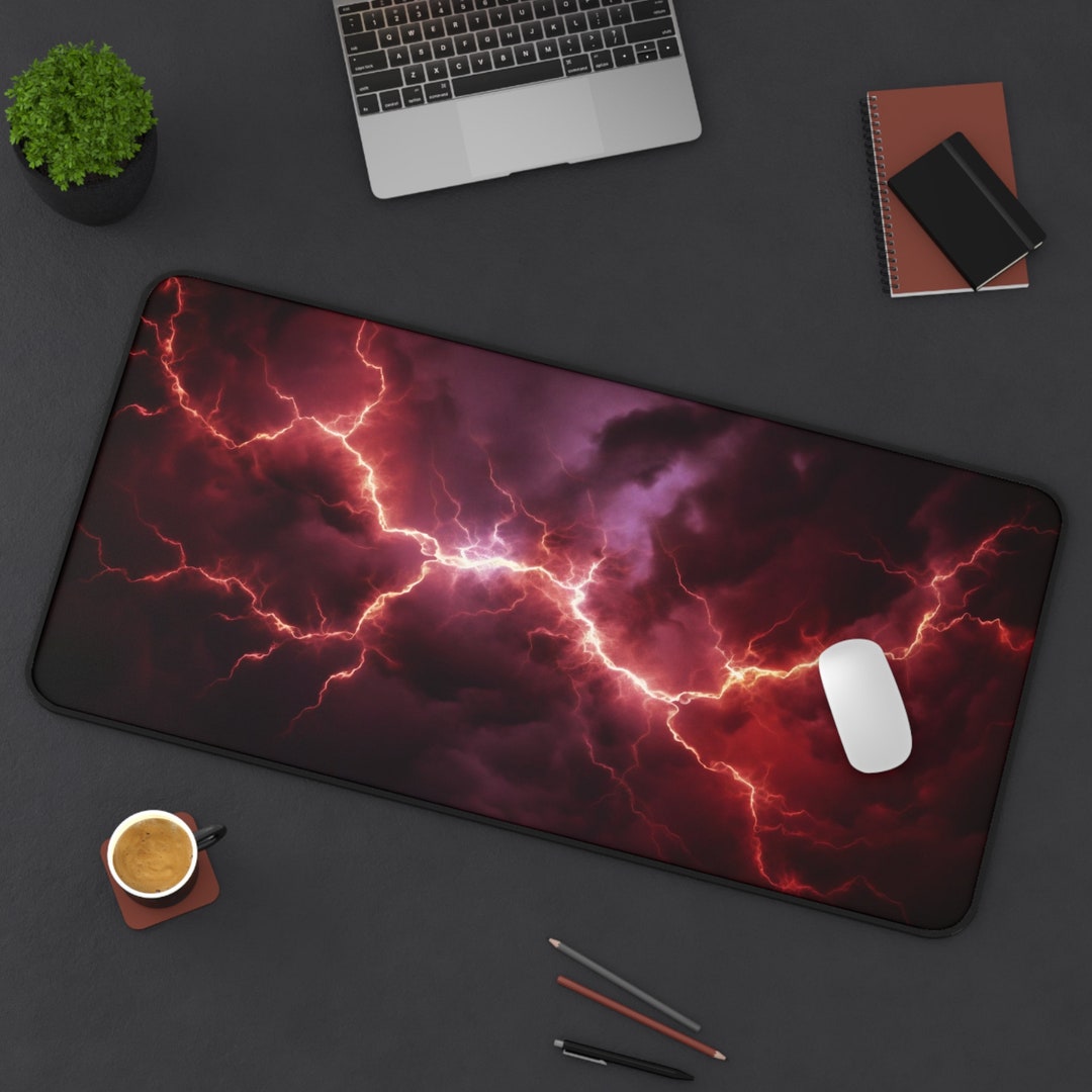 Red Lightning Desk Mat, Crimson Tempest Desk Pad, Fiery Lightning Mouse ...