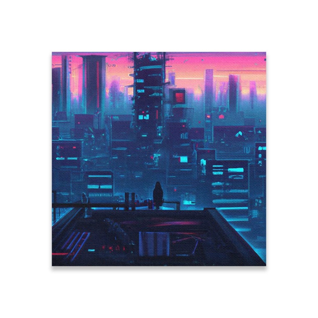 Cyberpunk City Rooftop View at Sunset Canvas Wall Art, Sci-fi Stretched ...