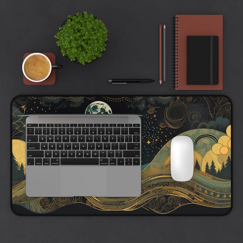 Celestial Dreamscape Desk Mat, Starry Night With Double Moons Desk Pad ...