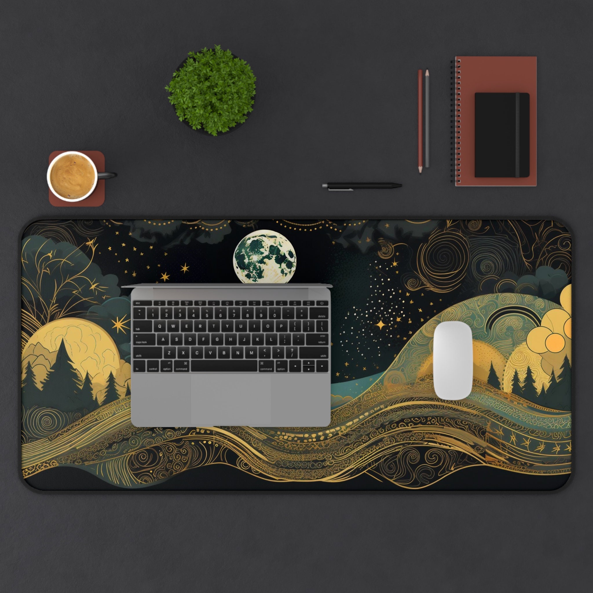 Celestial Dreamscape Desk Mat, Starry Night With Double Moons Desk Pad ...