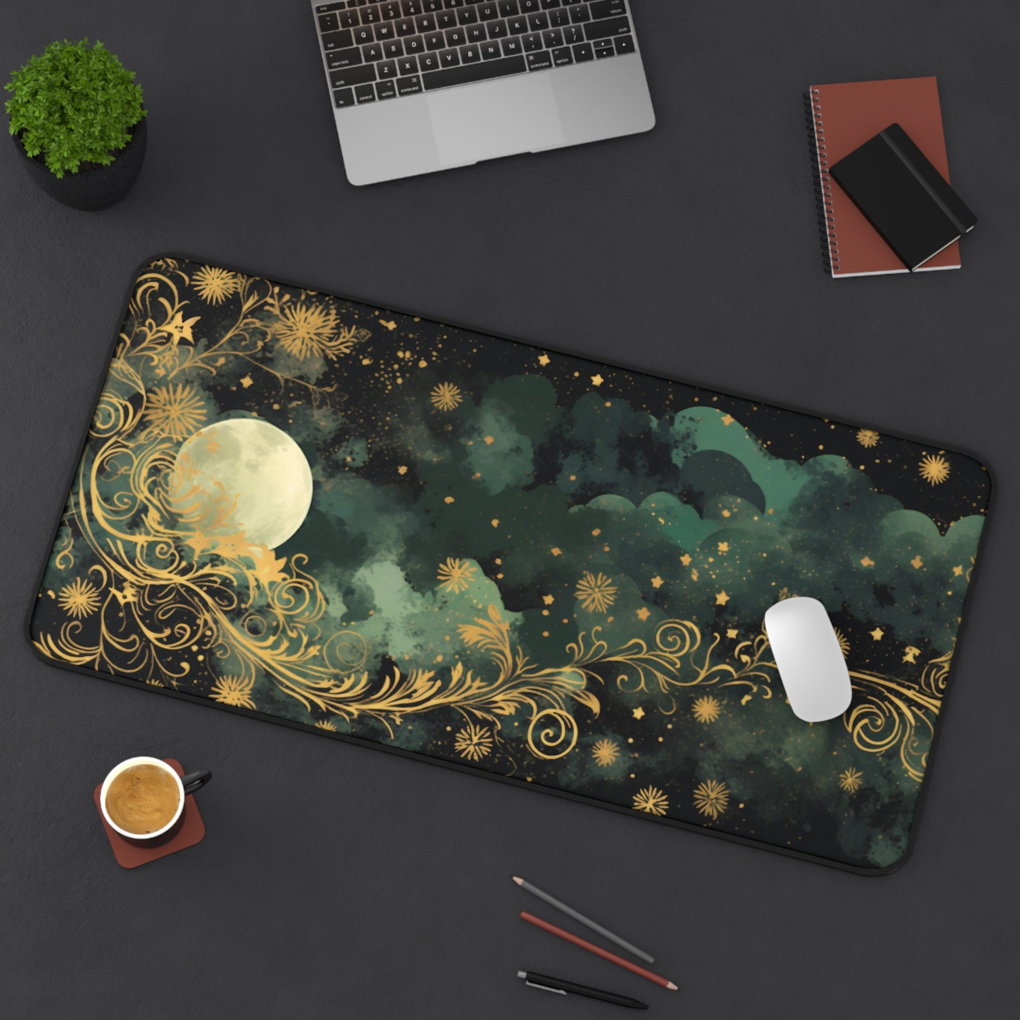 Celestial Clouds Desk Mat, Starry Night Desk Pad, Gold Moon and Teal ...