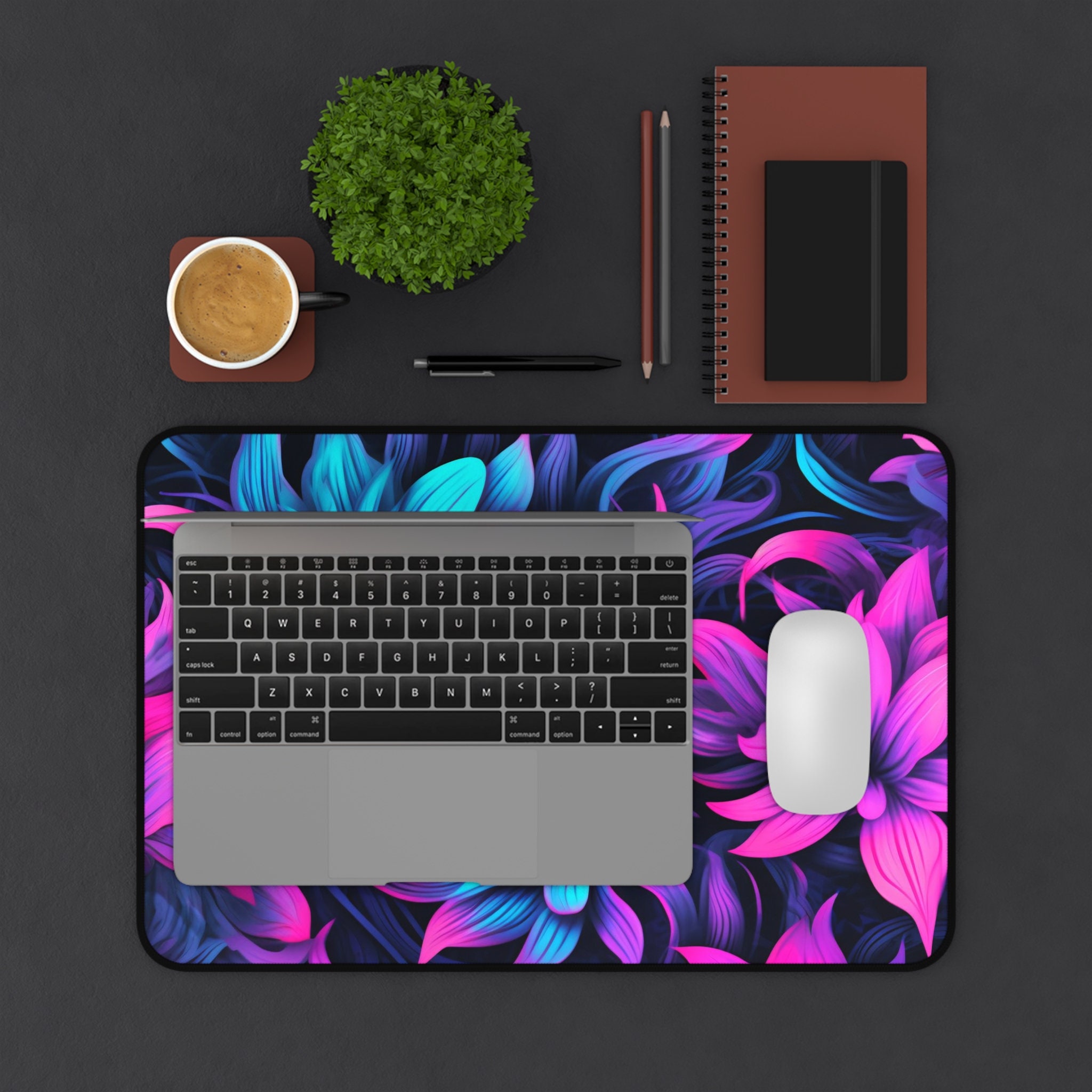 Neon Synthwave Flowers Desk Mat, Vaporwave XL Gaming Mouse Pad, Pink ...