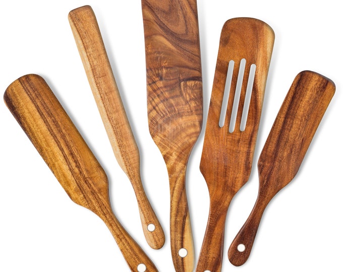Wooden Spurtle Set, 5pcs Natural Teak With Spoon Rest Heat Resistant ...
