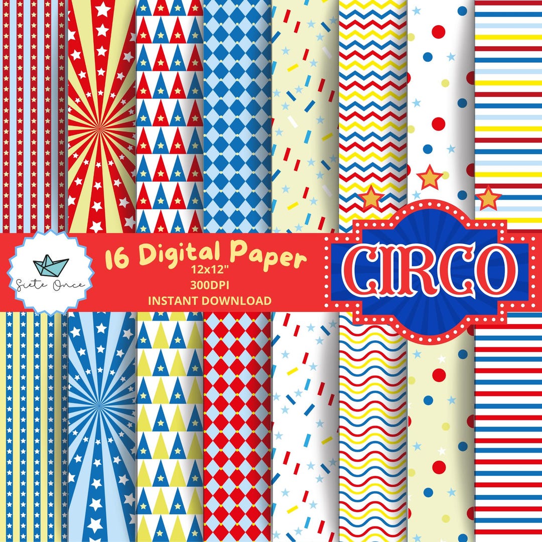 16 Circus Digital Papers, Scrapbook Pages. Seamless Patterns, Digital ...