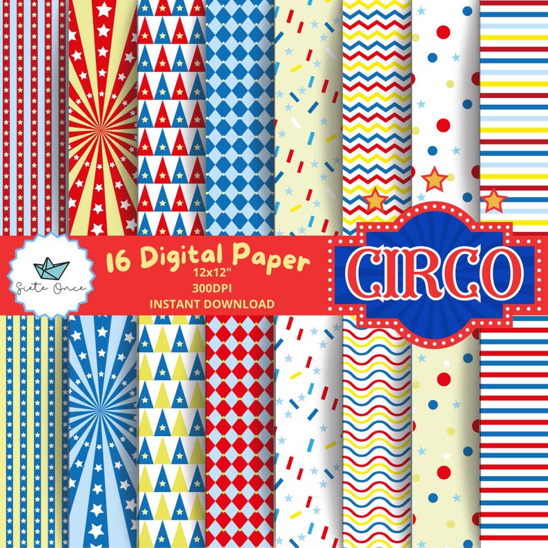 16 Circus Digital Papers, Scrapbook Pages. Seamless Patterns, Digital ...