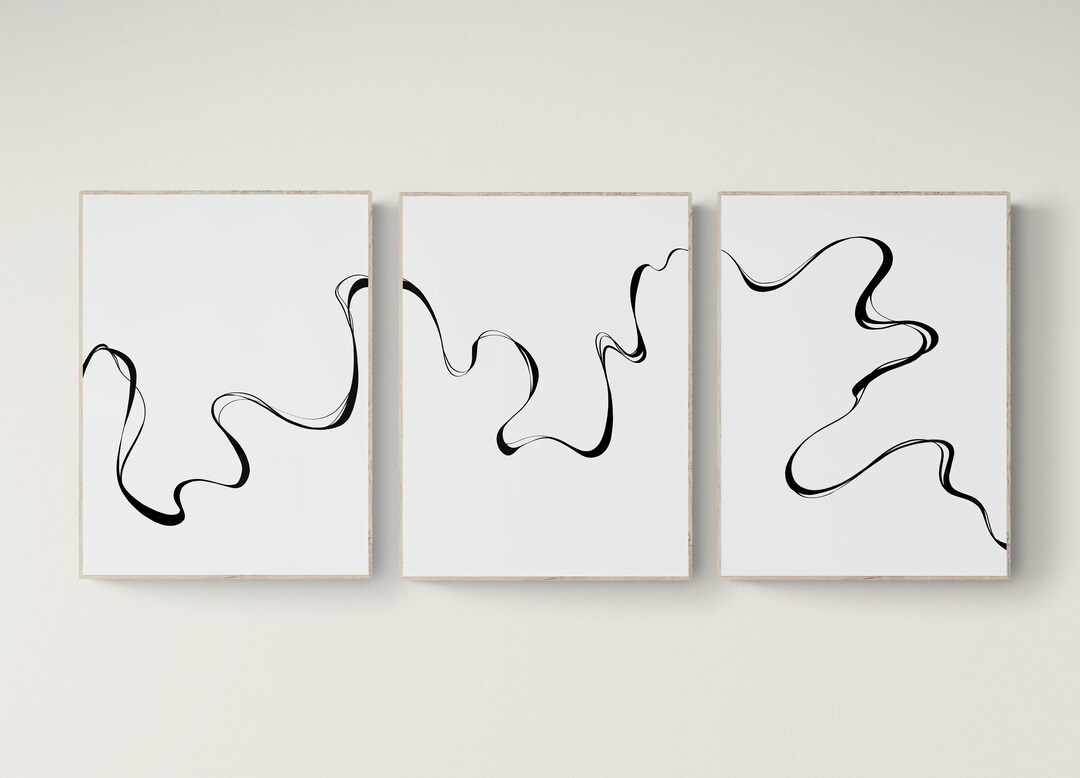 Minimalist Japandi Thread Line Art Set of 3 | Black & White Organic ...