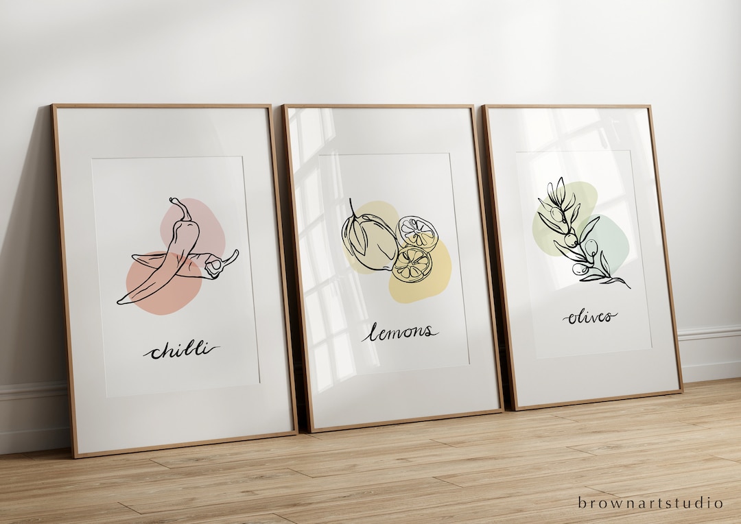Kitchen Pantry Wall Art Set of 3 | Colourful Line Drawing | House ...