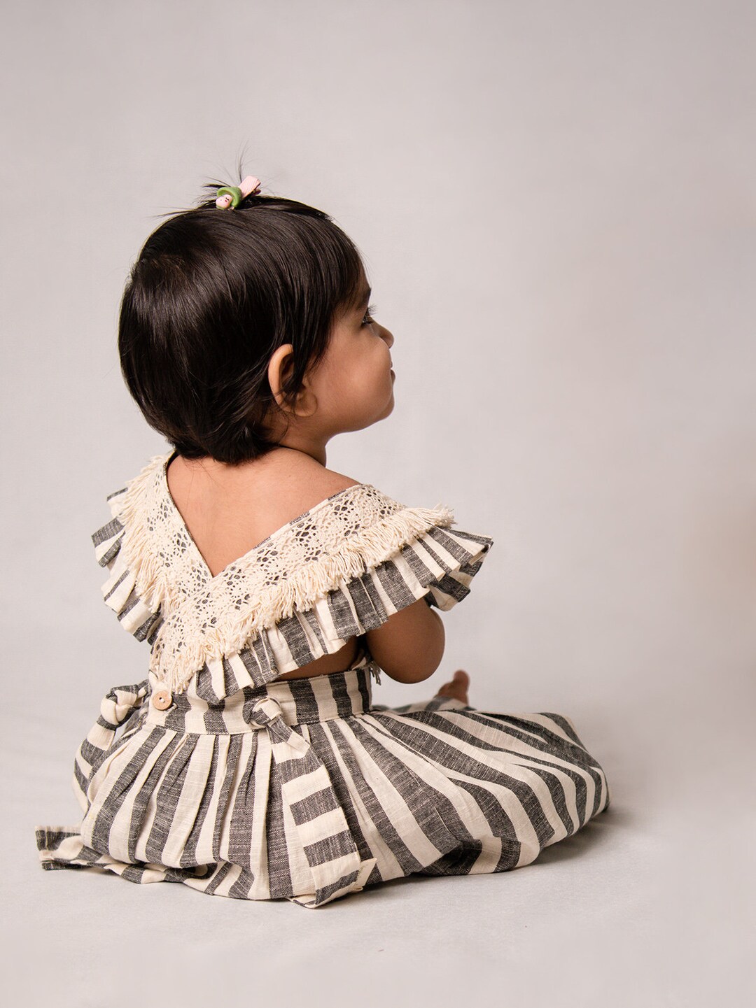 Grey Stripes Baby Frilled Frock With Crochette Lace Cotton Frocks Knee ...