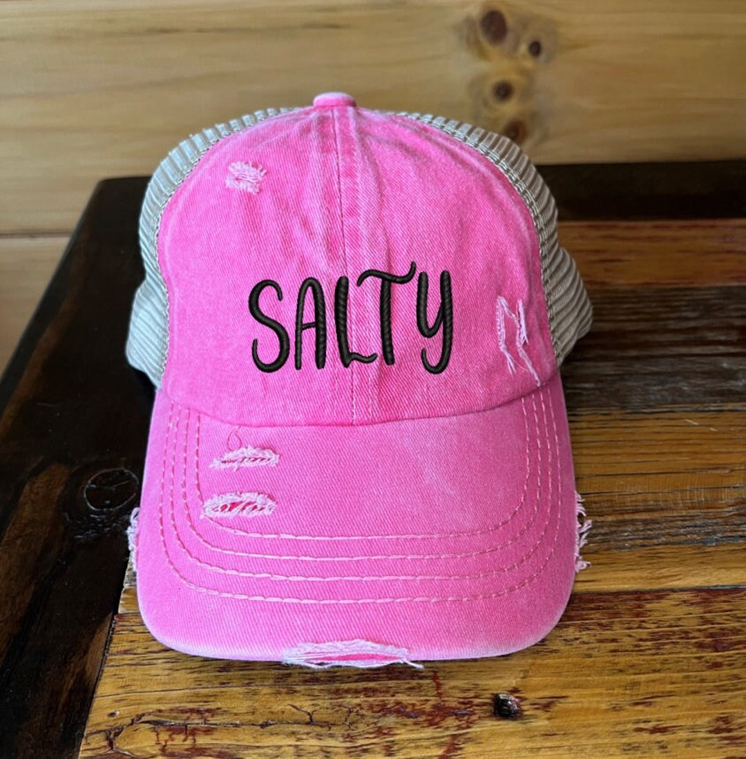 Salty Embroidered Distressed Criss Cross Ponytail Cap With Mesh Back ...