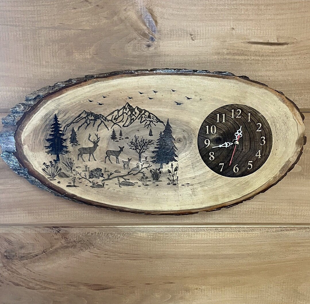 Mountain Clock Forest Clock Wood Engraved Deer Clock - Etsy