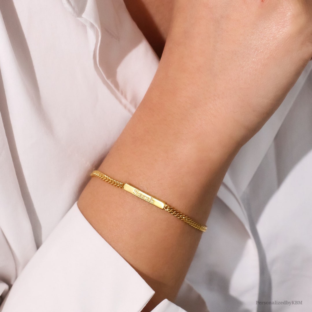 Personalized 14K Gold Engraved Bracelet, Dainty Custom Name Bracelet ...