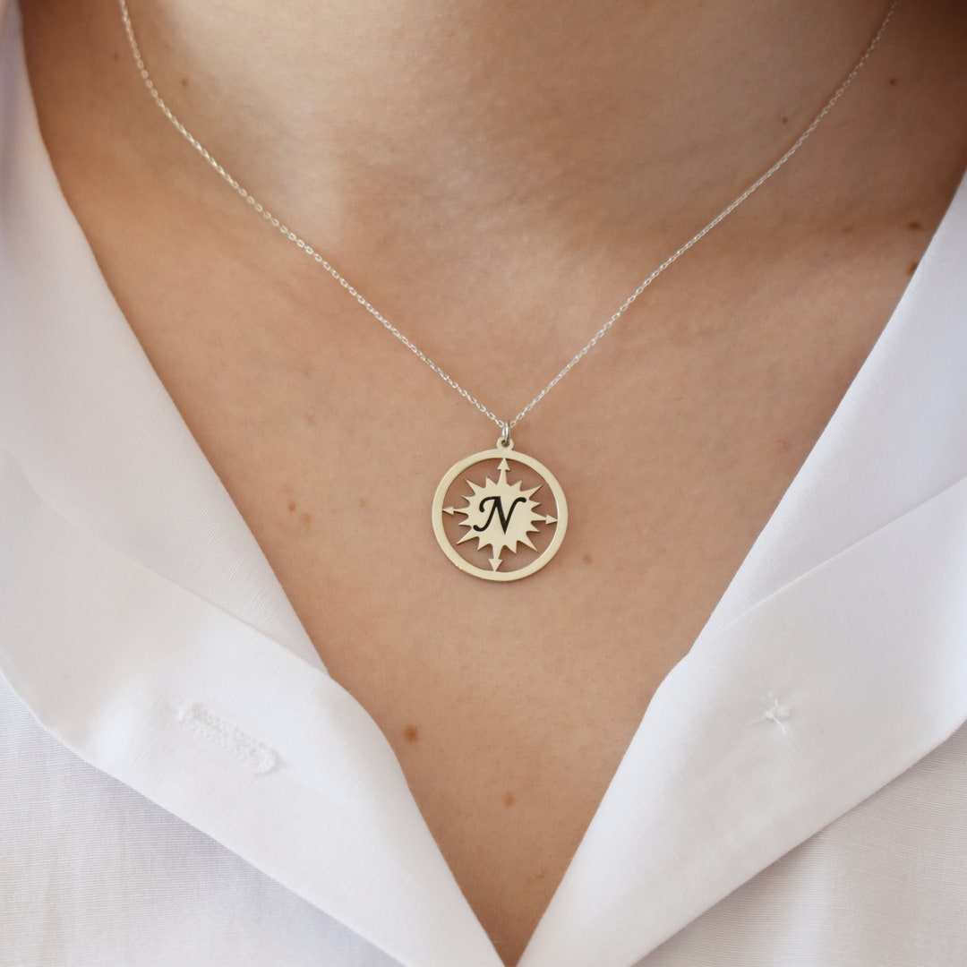 Letter on Compass Necklace Custom Letter Necklace Sterling - Etsy