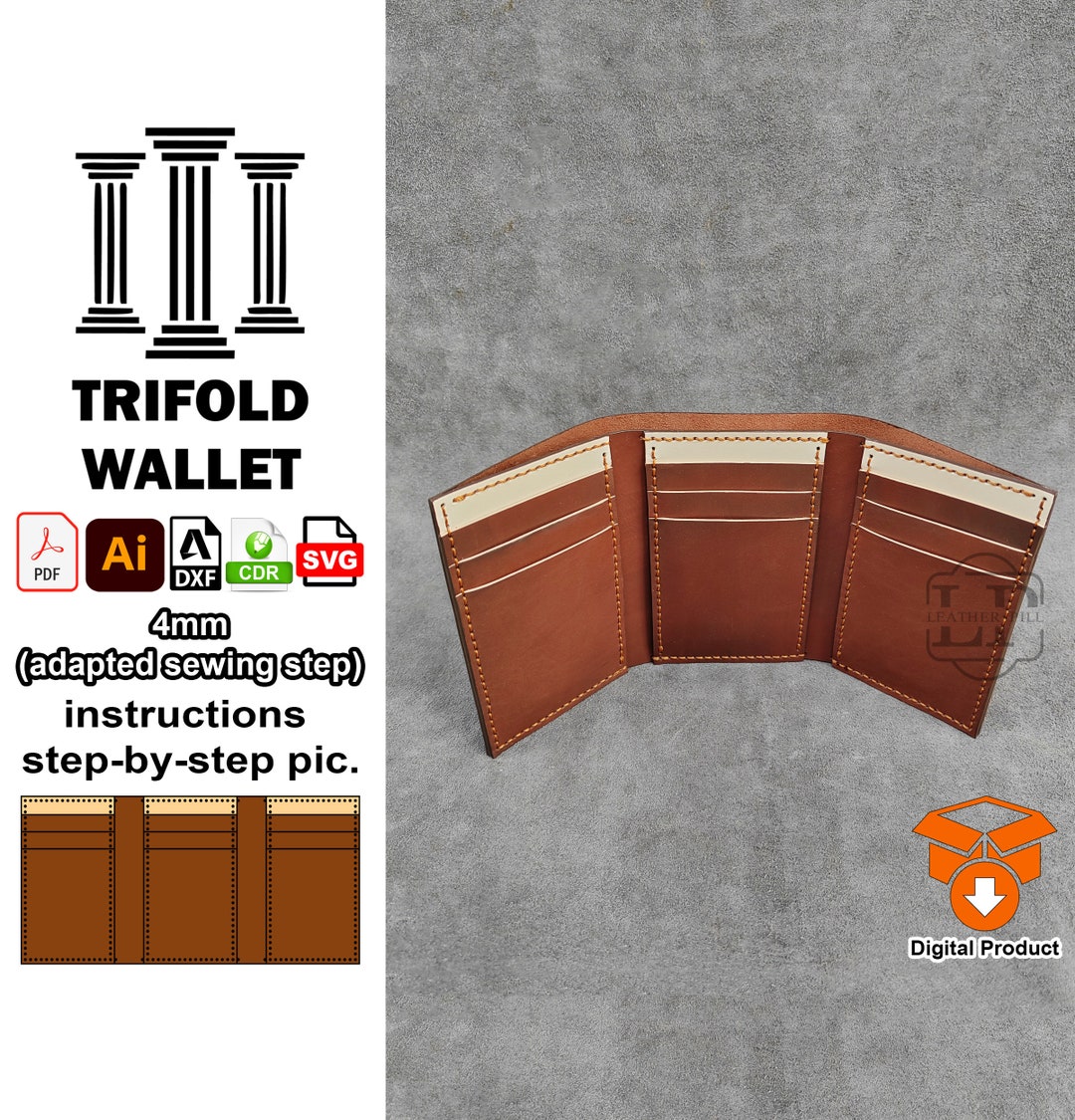 Trifold Wallet PDF, Leather Pattern, Leather Wallet Template 4mm ...