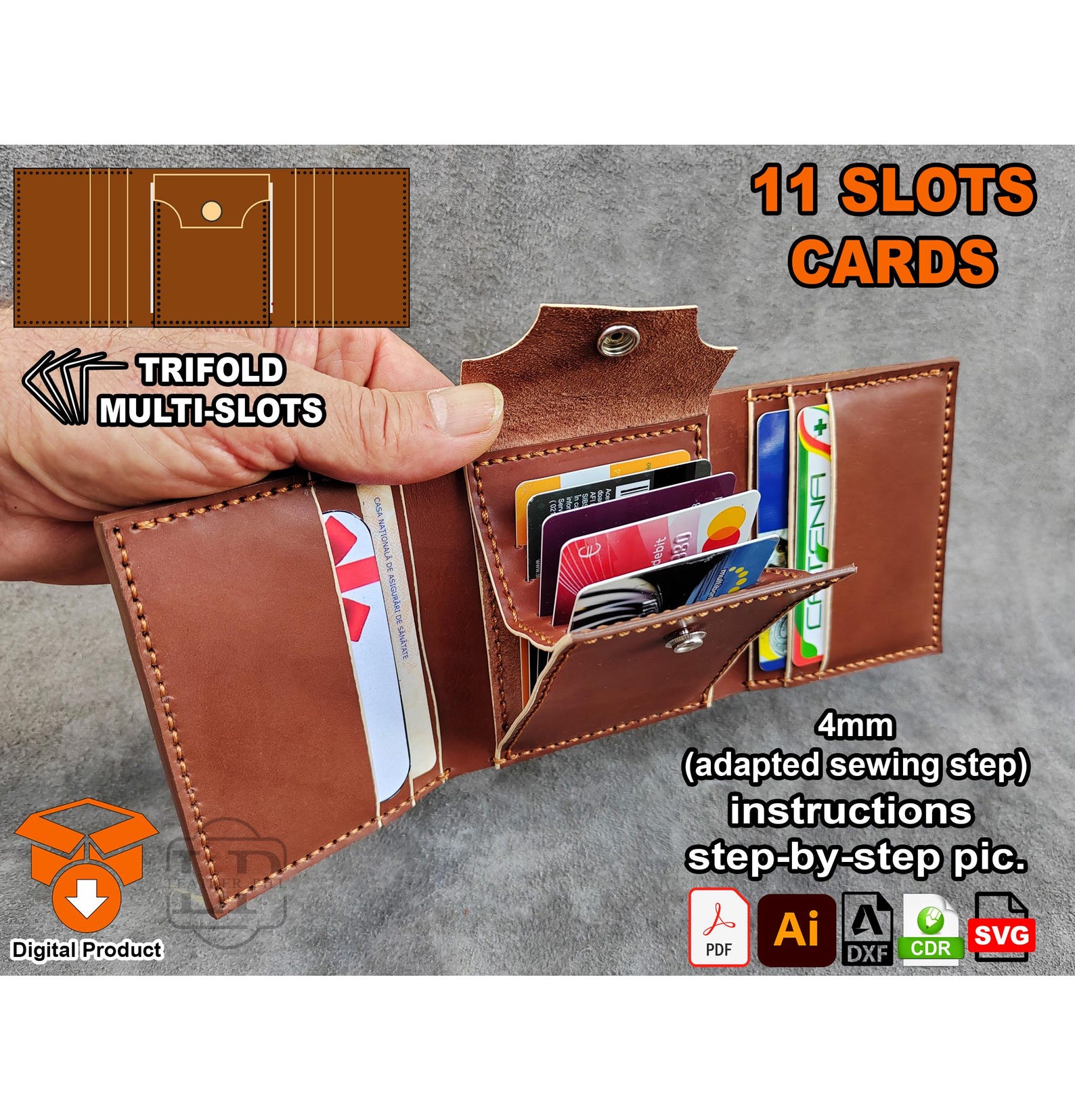 Trifold Horizontal Wallet Multi Cards Clever PDF, Leather Pattern ...