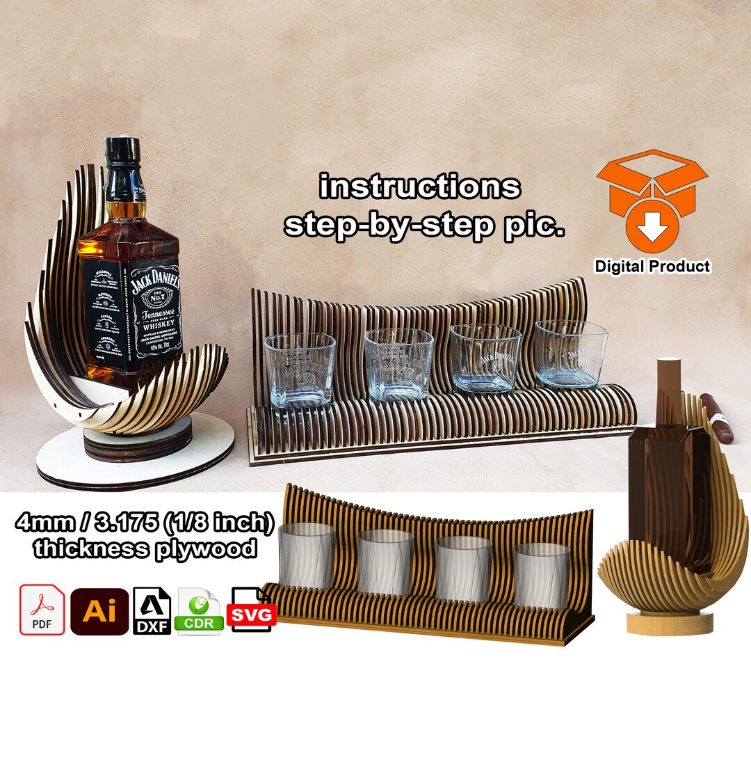 Stand Whiskey Jack Daniels Holder and Glasses for Bottle and Glass ...