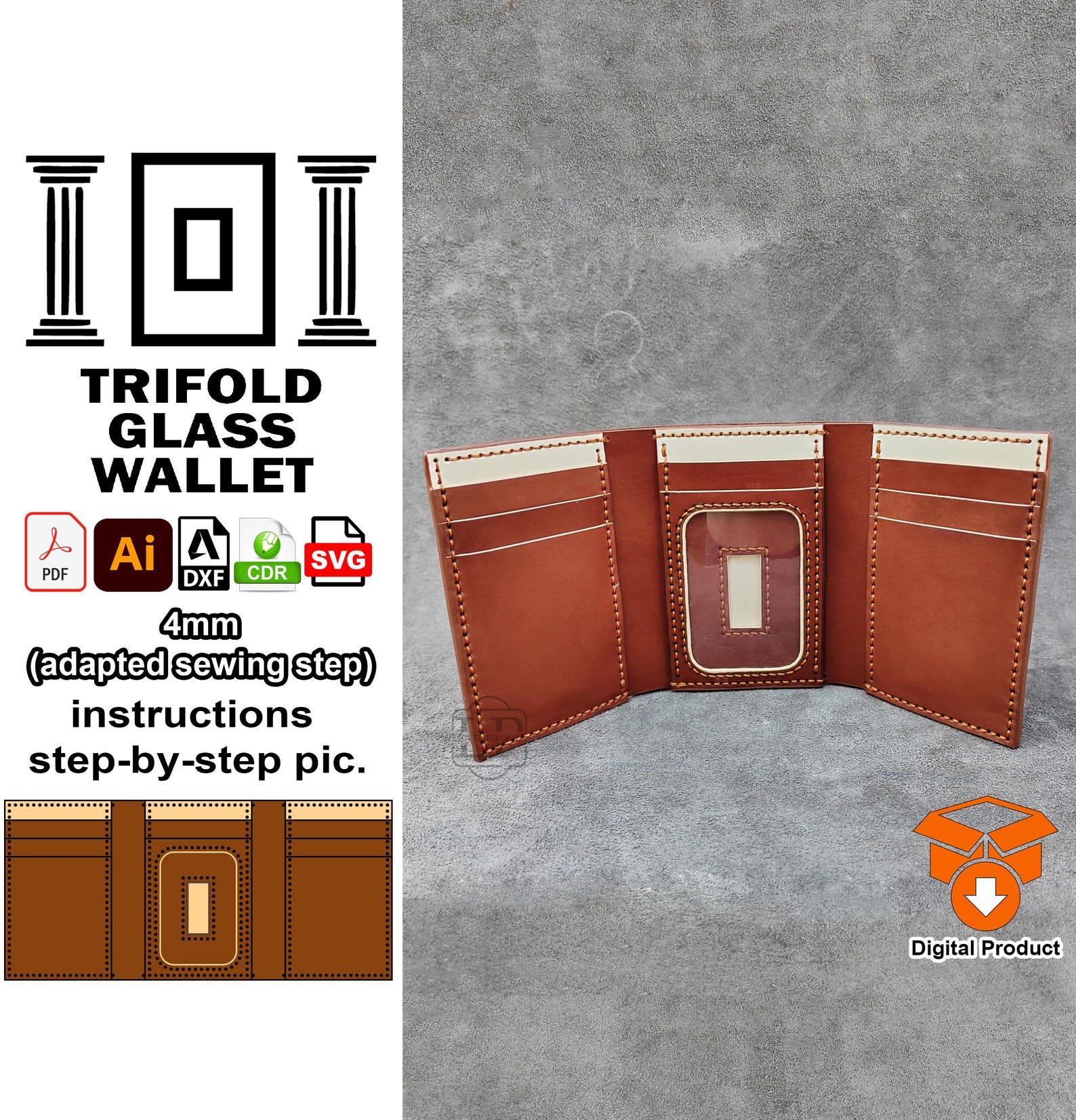 Trifold Wallet PDF With Glass Window, Leather Pattern, Leather Wallet ...