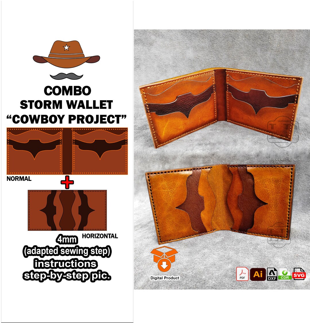 Set of 2 Wallet Cowboy Bi Fold Horizontal and Normal PDF Vintage ...