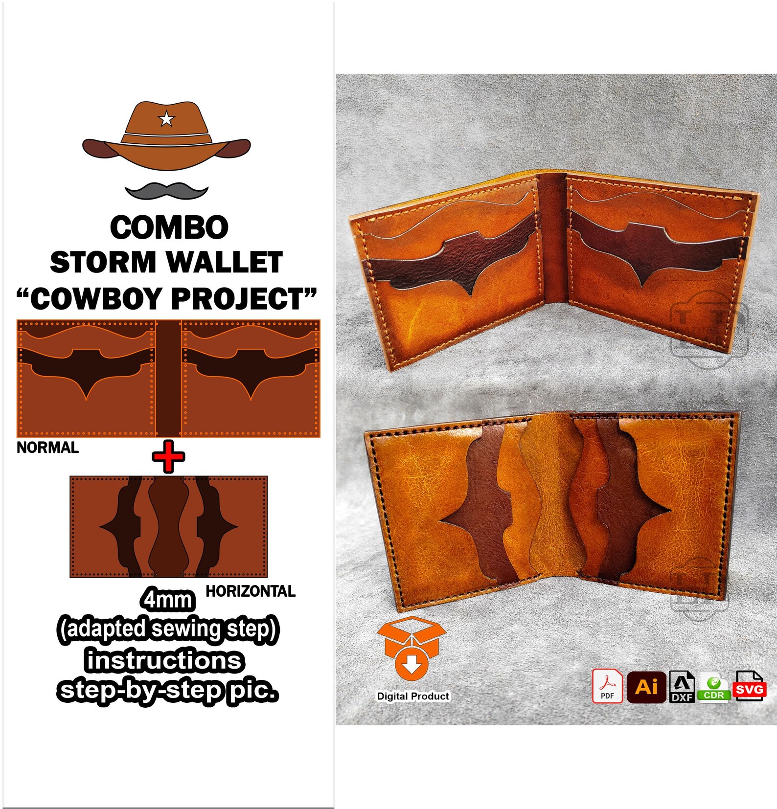 Set of 2 Wallet Cowboy Bi Fold Horizontal and Normal PDF Vintage ...