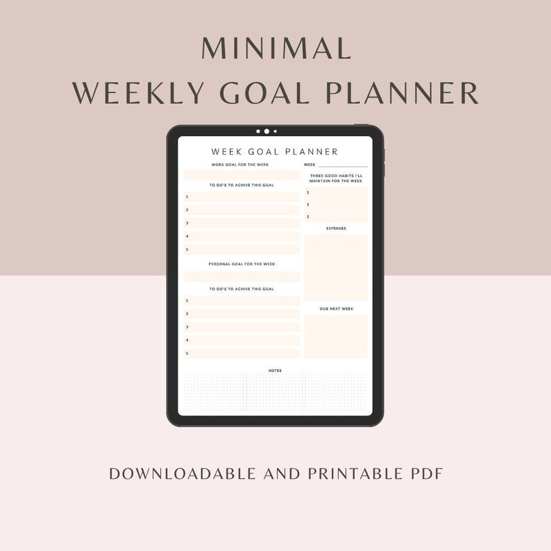 Minimal Printable Peachy Weekly Goal Planner - Etsy