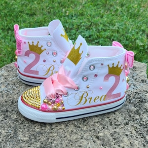 Custom Princess Converse, Pink and Gold Bling Shoes With Name and Age ...