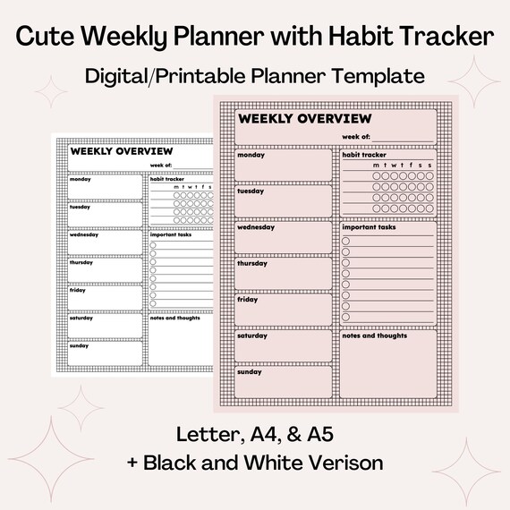 Cute Weekly Overview Printable Planner Template Habit - Etsy