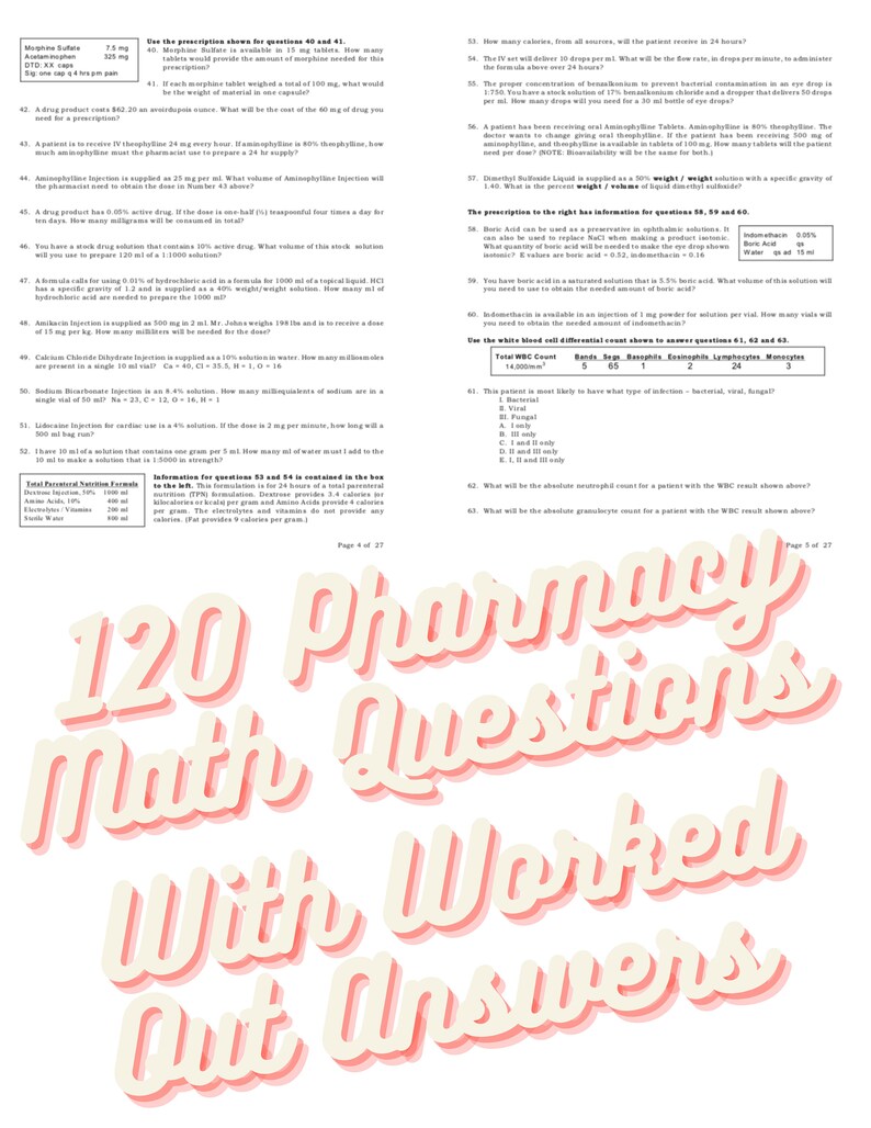 120 Pharmacy Math Questions With Worked Out Answers - Perfect for Board ...