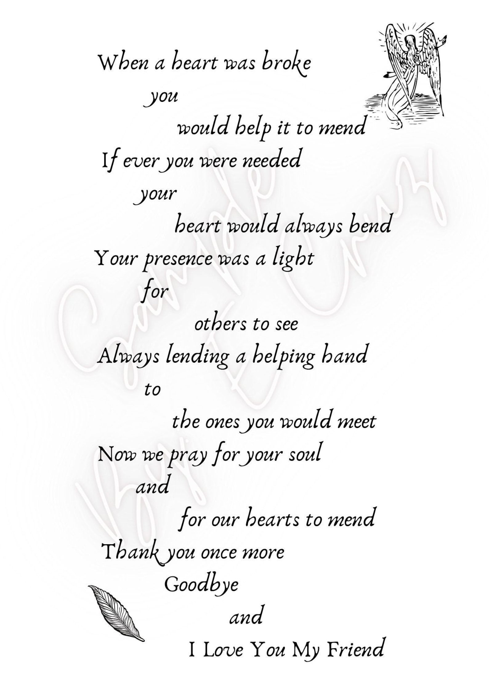 Friend Grief Sympathy Love Goodbye Bereavement Memorial Printable Poem ...